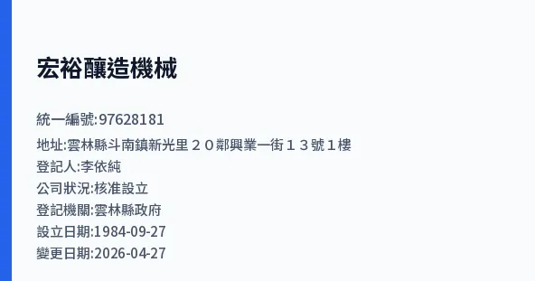 宏裕釀造機械的照片-統編 97628181(雲林縣) 公司登記資料與營業項目詳細圖表