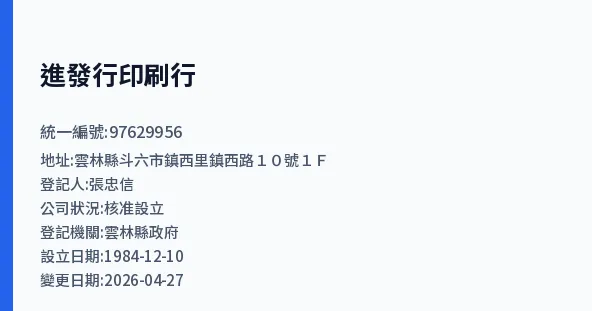 進發行印刷行的照片-統編 97629956(雲林縣) 公司登記資料與營業項目詳細圖表