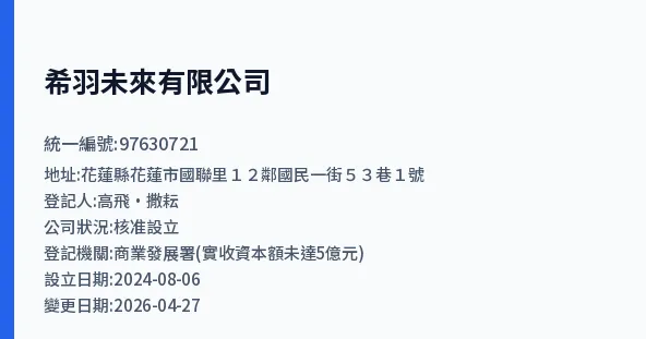 希羽未來有限公司的照片-統編 97630721(花蓮縣) 公司登記資料與營業項目詳細圖表