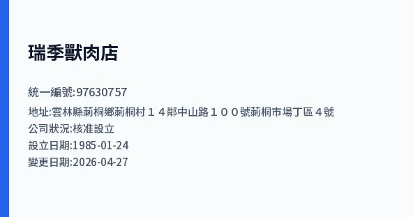 瑞季獸肉店的照片-統編 97630757(雲林縣) 公司登記資料與營業項目詳細圖表