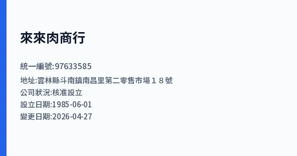 來來肉商行的照片-統編 97633585(雲林縣) 公司登記資料與營業項目詳細圖表