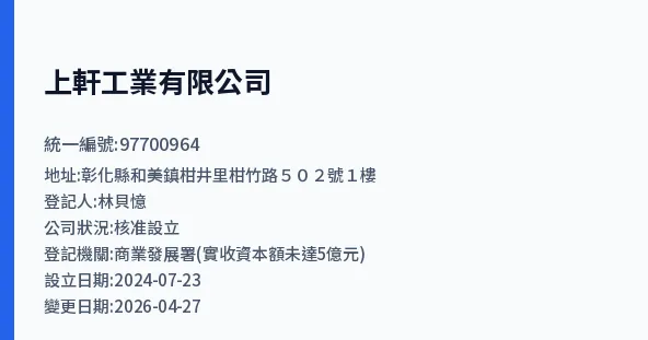 上軒工業有限公司的照片-統編 97700964(彰化縣) 公司登記資料與營業項目詳細圖表