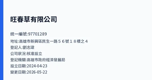 旺春草有限公司的照片-統編 97701289(高雄市) 公司登記資料與營業項目詳細圖表