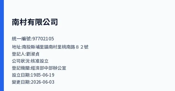 南村有限公司的照片-統編 97702105(南投縣) 公司登記資料與營業項目詳細圖表