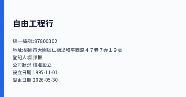 自由工程行的照片-統編 97800302(桃園市) 公司登記資料與營業項目詳細圖表