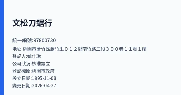 文松刀鋸行的照片-統編 97800730(桃園市) 公司登記資料與營業項目詳細圖表