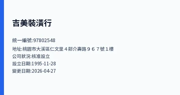 吉美裝潢行的照片-統編 97802548(桃園市) 公司登記資料與營業項目詳細圖表