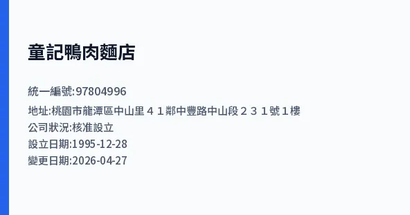 童記鴨肉麵店的照片-統編 97804996(桃園市) 公司登記資料與營業項目詳細圖表