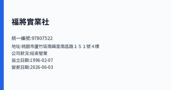 福將實業社的照片-統編 97807522(桃園市) 公司登記資料與營業項目詳細圖表
