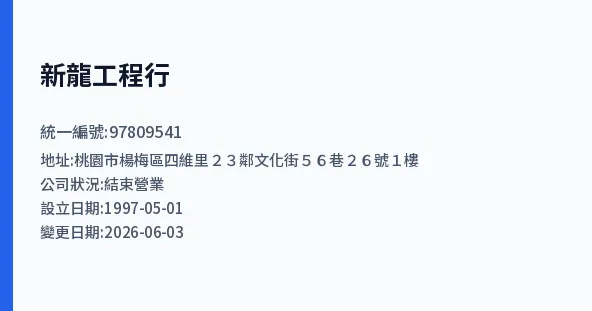 新龍工程行的照片-統編 97809541(桃園市) 公司登記資料與營業項目詳細圖表
