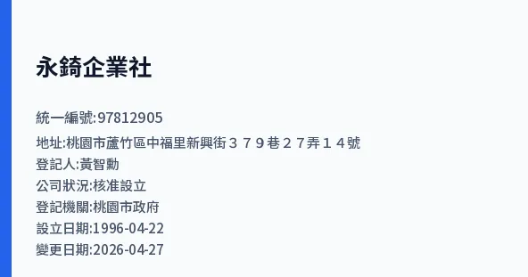 永錡企業社的照片-統編 97812905(桃園市) 公司登記資料與營業項目詳細圖表