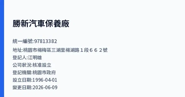 勝新汽車保養廠的照片-統編 97813382(桃園市) 公司登記資料與營業項目詳細圖表