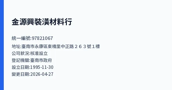 金源興裝潢材料行的照片-統編 97821067(臺南市) 公司登記資料與營業項目詳細圖表