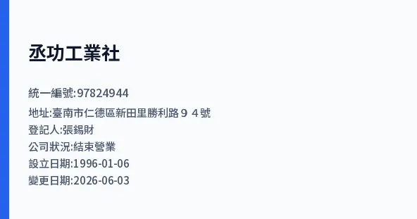 丞功工業社的照片-統編 97824944(臺南市) 公司登記資料與營業項目詳細圖表