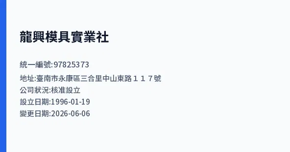 龍興模具實業社的照片-統編 97825373(臺南市) 公司登記資料與營業項目詳細圖表