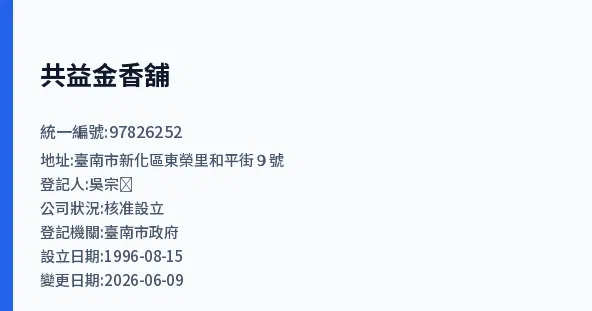 共益金香舖的照片-統編 97826252(臺南市) 公司登記資料與營業項目詳細圖表