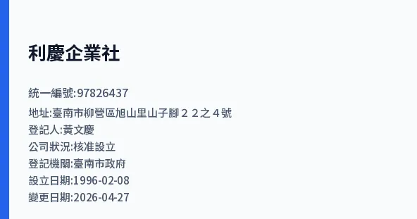 利慶企業社的照片-統編 97826437(臺南市) 公司登記資料與營業項目詳細圖表