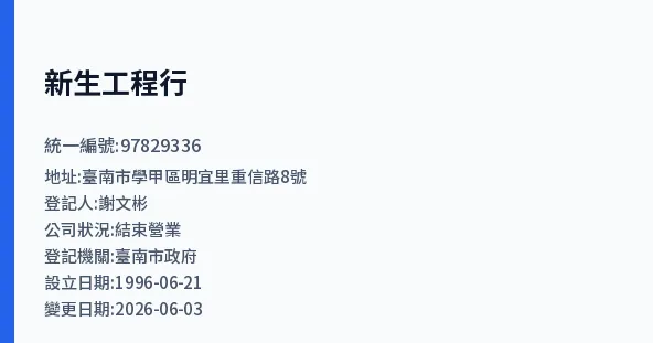 新生工程行的照片-統編 97829336(臺南市) 公司登記資料與營業項目詳細圖表