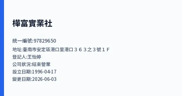 樺富實業社的照片-統編 97829650(臺南市) 公司登記資料與營業項目詳細圖表