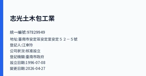 志光土木包工業的照片-統編 97829949(臺南市) 公司登記資料與營業項目詳細圖表