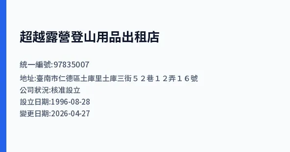 超越露營登山用品出租店的照片-統編 97835007(臺南市) 公司登記資料與營業項目詳細圖表