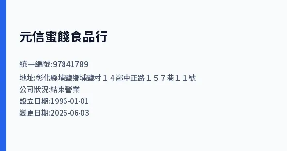 元信蜜餞食品行的照片-統編 97841789(彰化縣) 公司登記資料與營業項目詳細圖表
