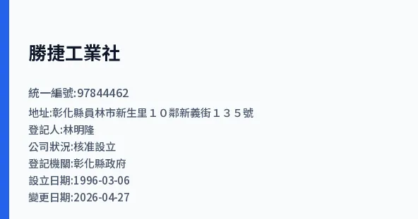 勝捷工業社的照片-統編 97844462(彰化縣) 公司登記資料與營業項目詳細圖表