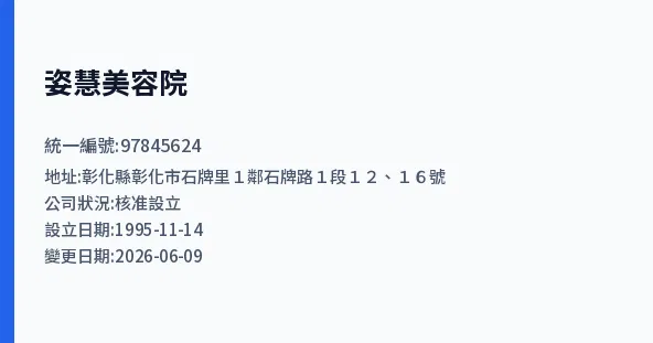 姿慧美容院的照片-統編 97845624(彰化縣) 公司登記資料與營業項目詳細圖表