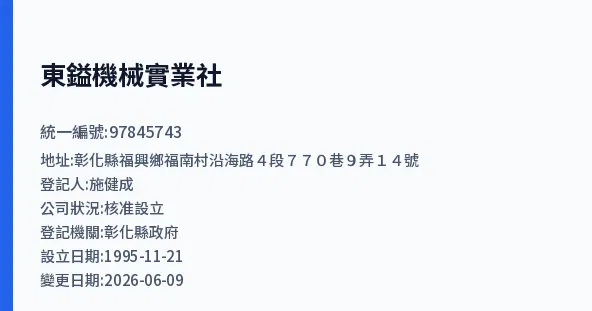 東鎰機械實業社的照片-統編 97845743(彰化縣) 公司登記資料與營業項目詳細圖表