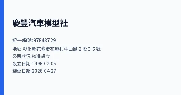 慶豐汽車模型社的照片-統編 97848729(彰化縣) 公司登記資料與營業項目詳細圖表