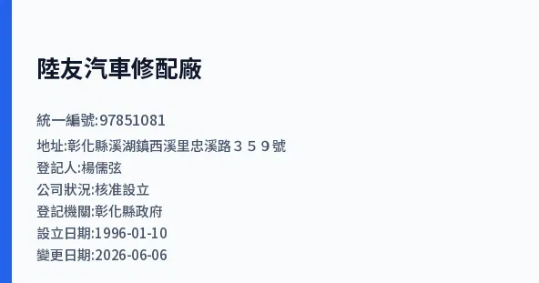 陸友汽車修配廠的照片-統編 97851081(彰化縣) 公司登記資料與營業項目詳細圖表