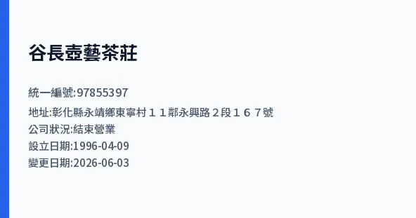 谷長壺藝茶莊的照片-統編 97855397(彰化縣) 公司登記資料與營業項目詳細圖表