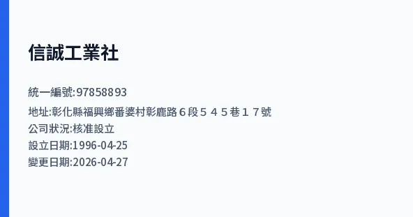 信誠工業社的照片-統編 97858893(彰化縣) 公司登記資料與營業項目詳細圖表
