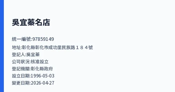 吳宜蓁名店的照片-統編 97859149(彰化縣) 公司登記資料與營業項目詳細圖表