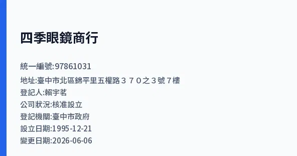 四季眼鏡商行的照片-統編 97861031(臺中市) 公司登記資料與營業項目詳細圖表
