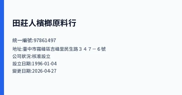 田莊人檳榔原料行的照片-統編 97861497(臺中市) 公司登記資料與營業項目詳細圖表