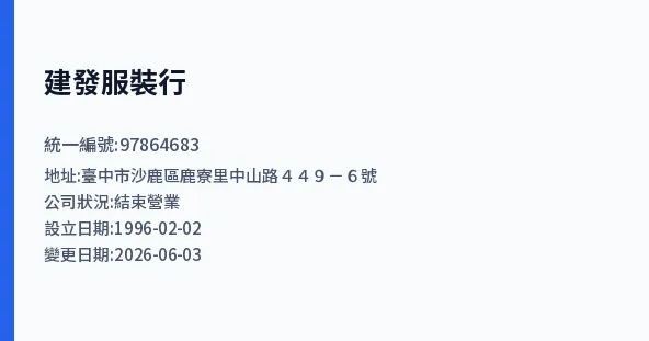 建發服裝行的照片-統編 97864683(臺中市) 公司登記資料與營業項目詳細圖表