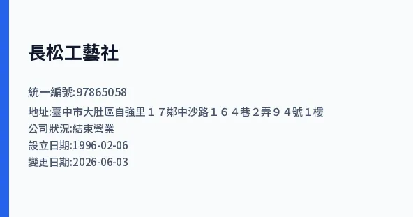 長松工藝社的照片-統編 97865058(臺中市) 公司登記資料與營業項目詳細圖表