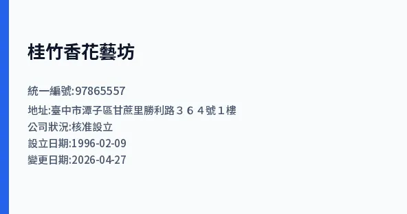 桂竹香花藝坊的照片-統編 97865557(臺中市) 公司登記資料與營業項目詳細圖表