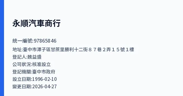 永順汽車商行的照片-統編 97865846(臺中市) 公司登記資料與營業項目詳細圖表