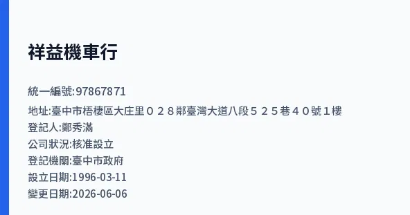 祥益機車行的照片-統編 97867871(臺中市) 公司登記資料與營業項目詳細圖表
