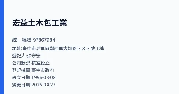 宏益土木包工業的照片-統編 97867984(臺中市) 公司登記資料與營業項目詳細圖表