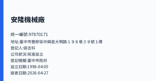 安隆機械廠的照片-統編 97870171(臺中市) 公司登記資料與營業項目詳細圖表