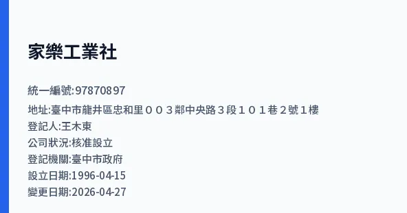 家樂工業社的照片-統編 97870897(臺中市) 公司登記資料與營業項目詳細圖表