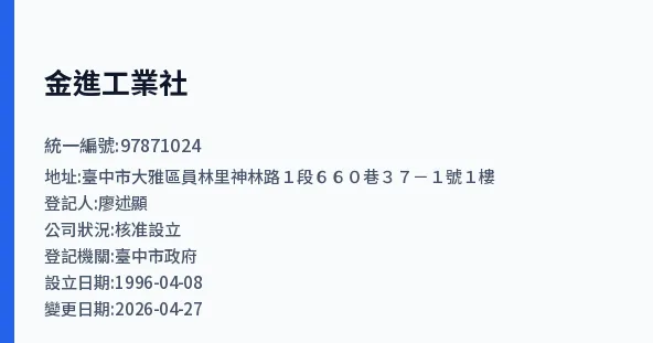 金進工業社的照片-統編 97871024(臺中市) 公司登記資料與營業項目詳細圖表