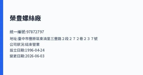榮豊螺絲廠的照片-統編 97872797(臺中市) 公司登記資料與營業項目詳細圖表