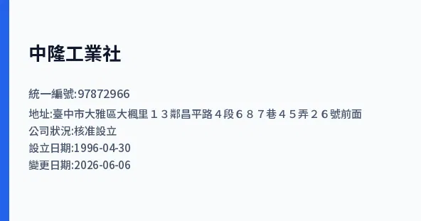 中隆工業社的照片-統編 97872966(臺中市) 公司登記資料與營業項目詳細圖表