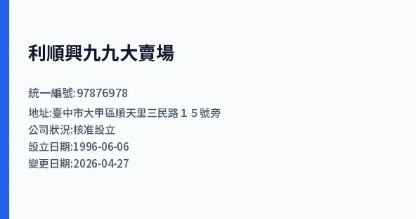 利順興九九大賣場的照片-統編 97876978(臺中市) 公司登記資料與營業項目詳細圖表