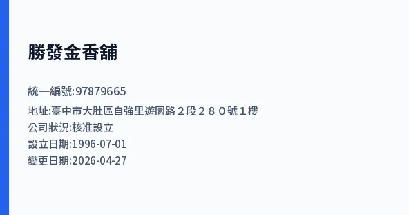 勝發金香舖的照片-統編 97879665(臺中市) 公司登記資料與營業項目詳細圖表