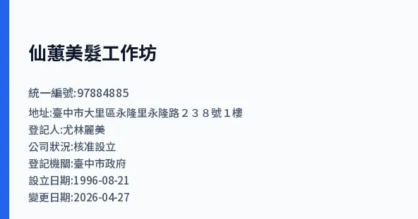 仙蕙美髮工作坊的照片-統編 97884885(臺中市) 公司登記資料與營業項目詳細圖表